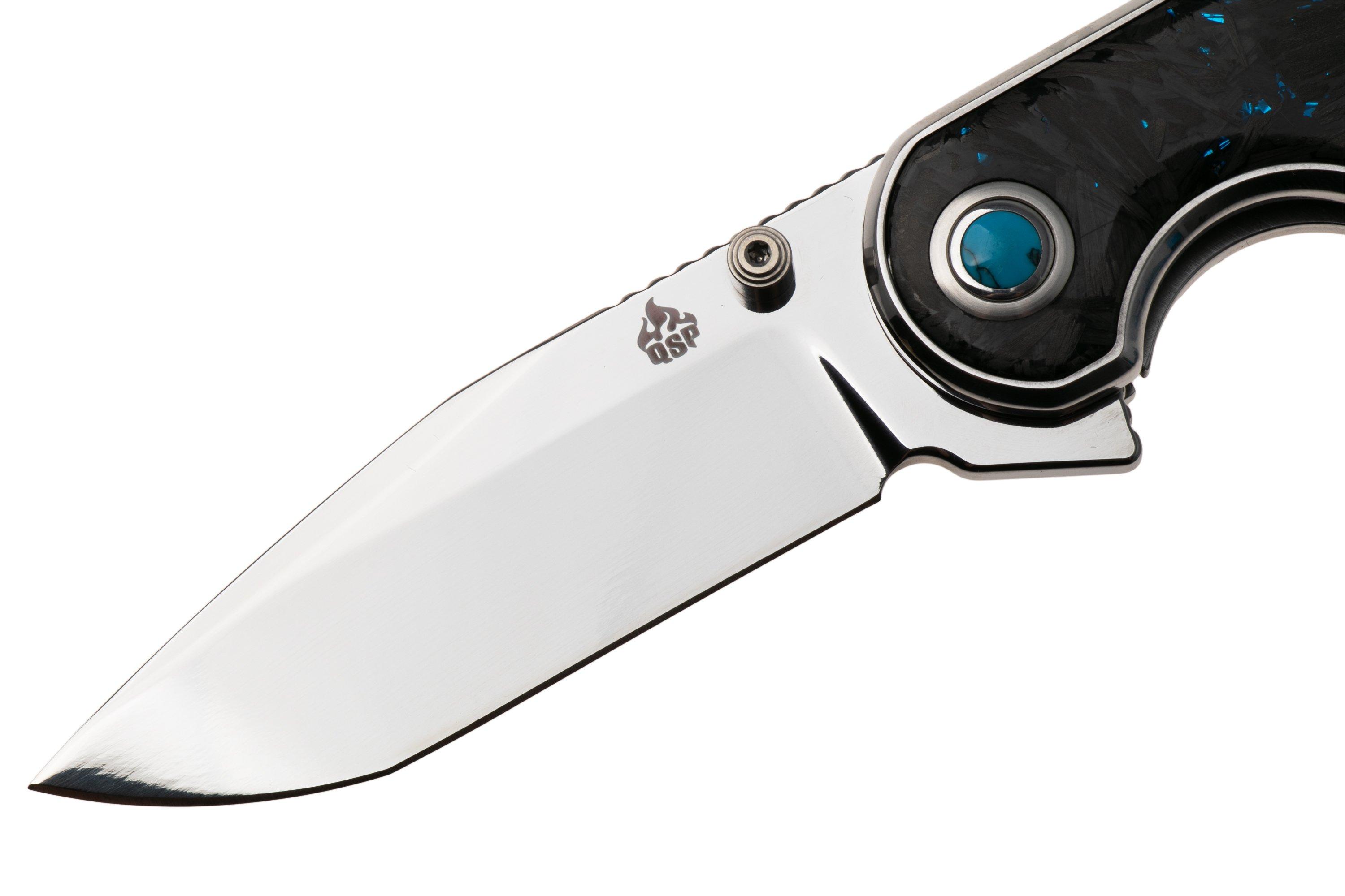 QSP Knife Nebula QS168-C Mirror Polish 14C28N Blue Shredded Carbon ...