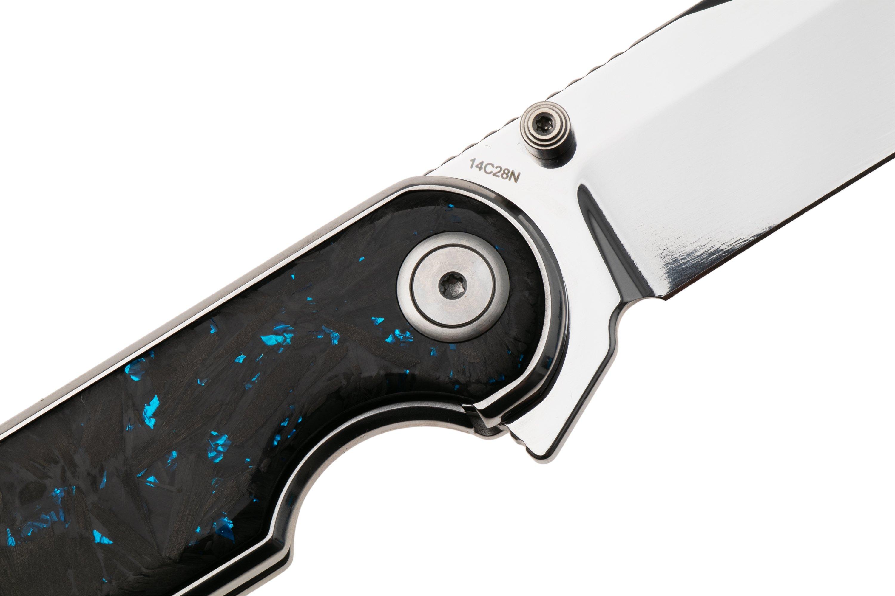 QSP Knife Nebula QS168-C Mirror Polish 14C28N Blue Shredded Carbon ...