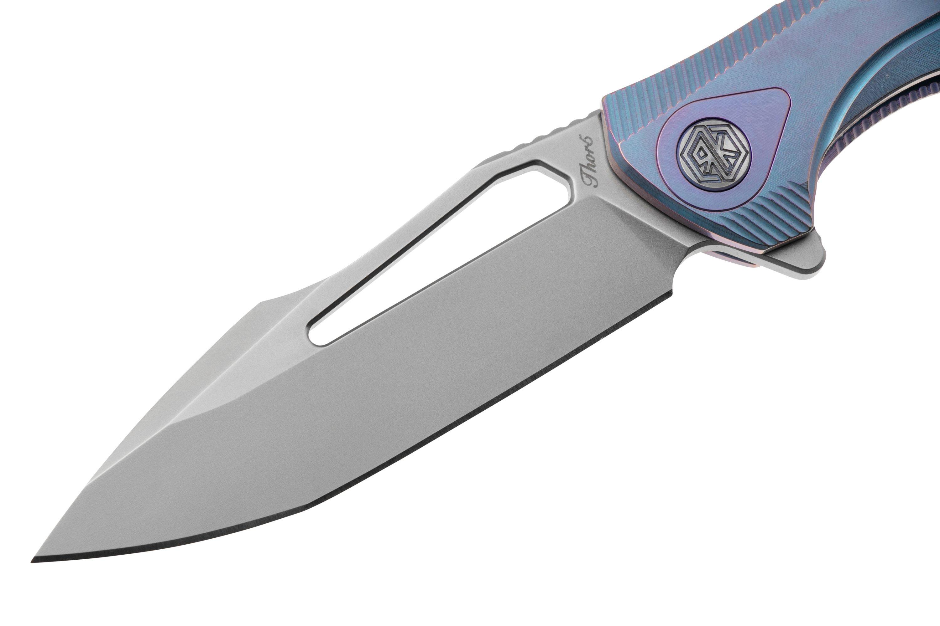 Rike Knife Thor 5 Bead Blasted M390, Blue Titanium, integral pocket ...