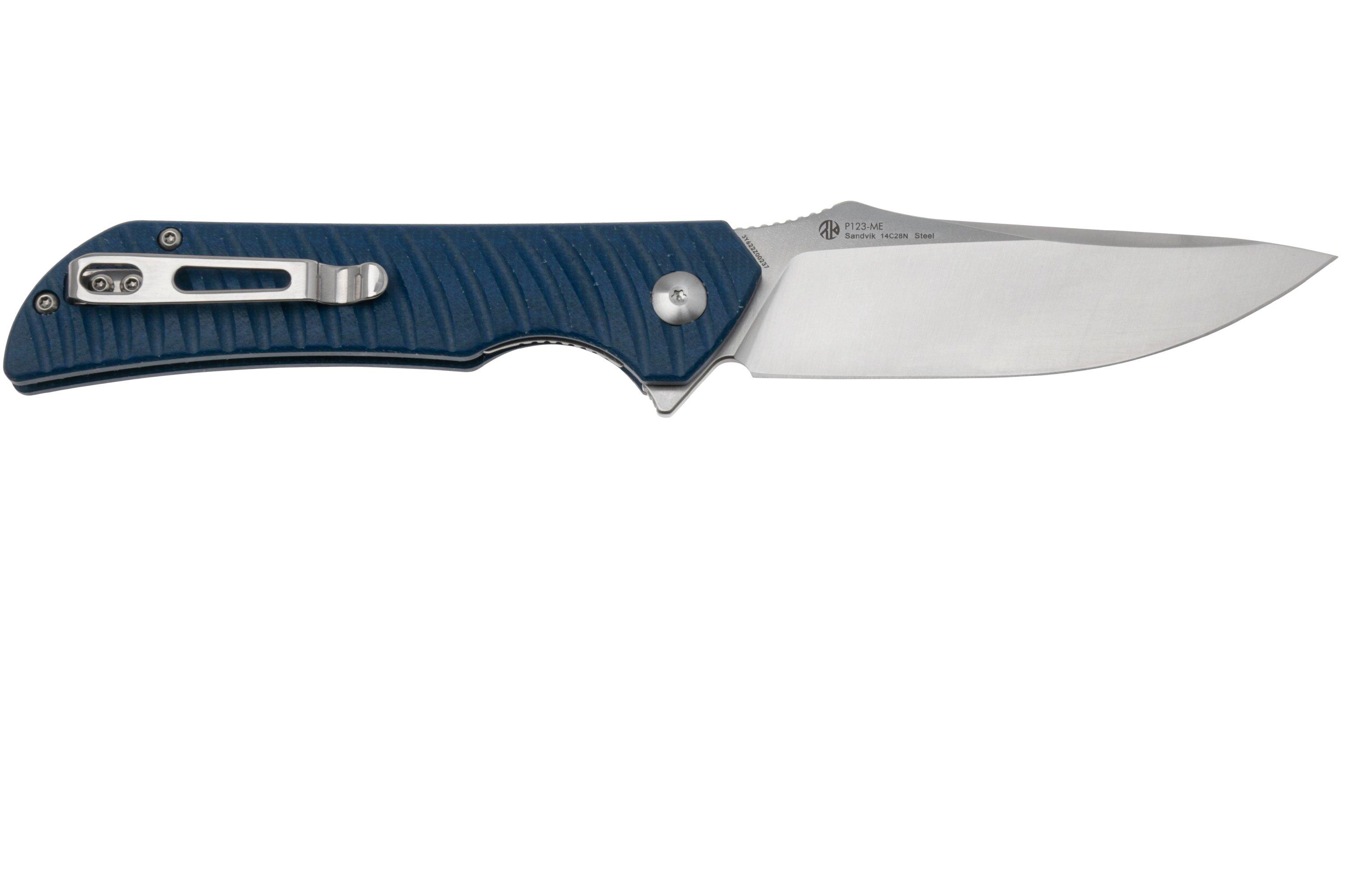 Ruike P123-ME Satin 14C28N, Blue Micarta, pocket knife | Advantageously ...