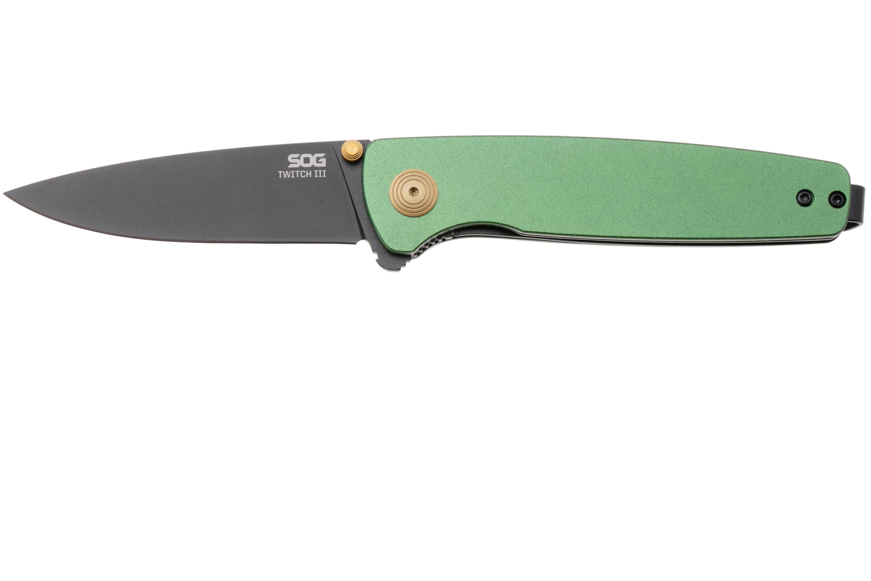 SOG Twitch III 11-15-04-43, Black 154CM, Forest Green Aluminum, Gold ...