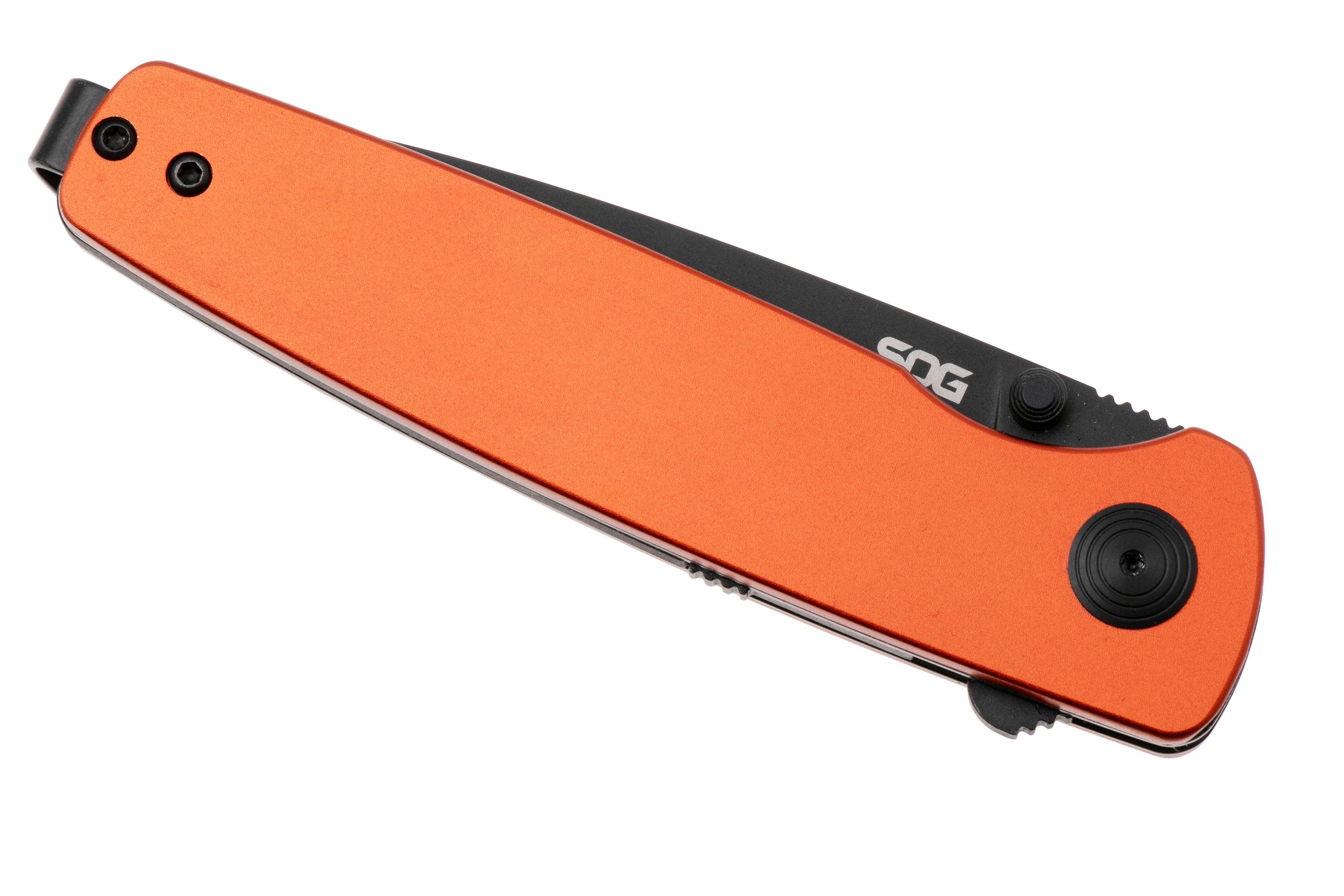 SOG Twitch III 11-15-05-43, Black 154CM, Burnt Orange Aluminum, Black Hardware pocket knife ...