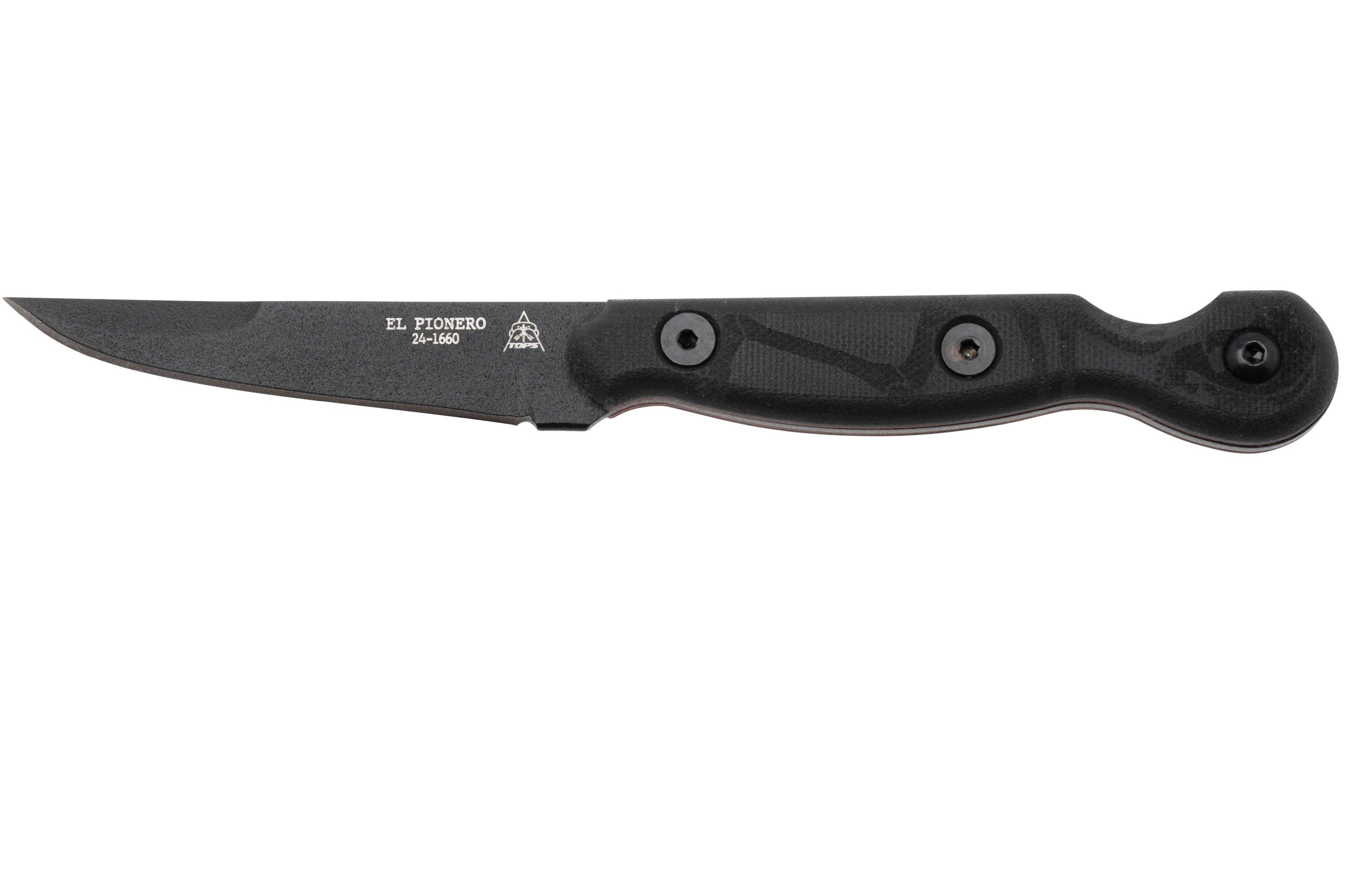 TOPS Knives El Pionero ELPO-02, 1095 Black Traction, Black Linen ...