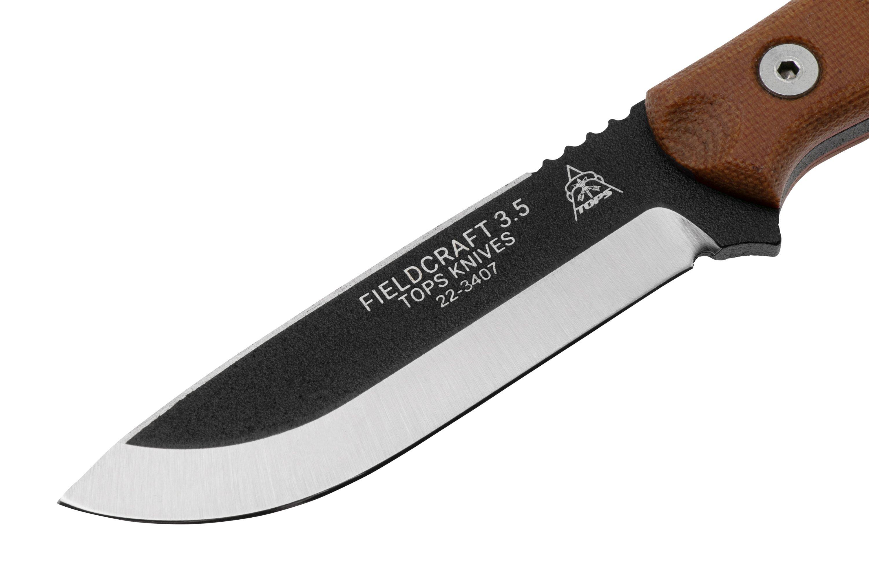 TOPS Fieldcraft 3.5 Mini BROS 90 Degree Spine, Firesteel, Brown Micarta ...