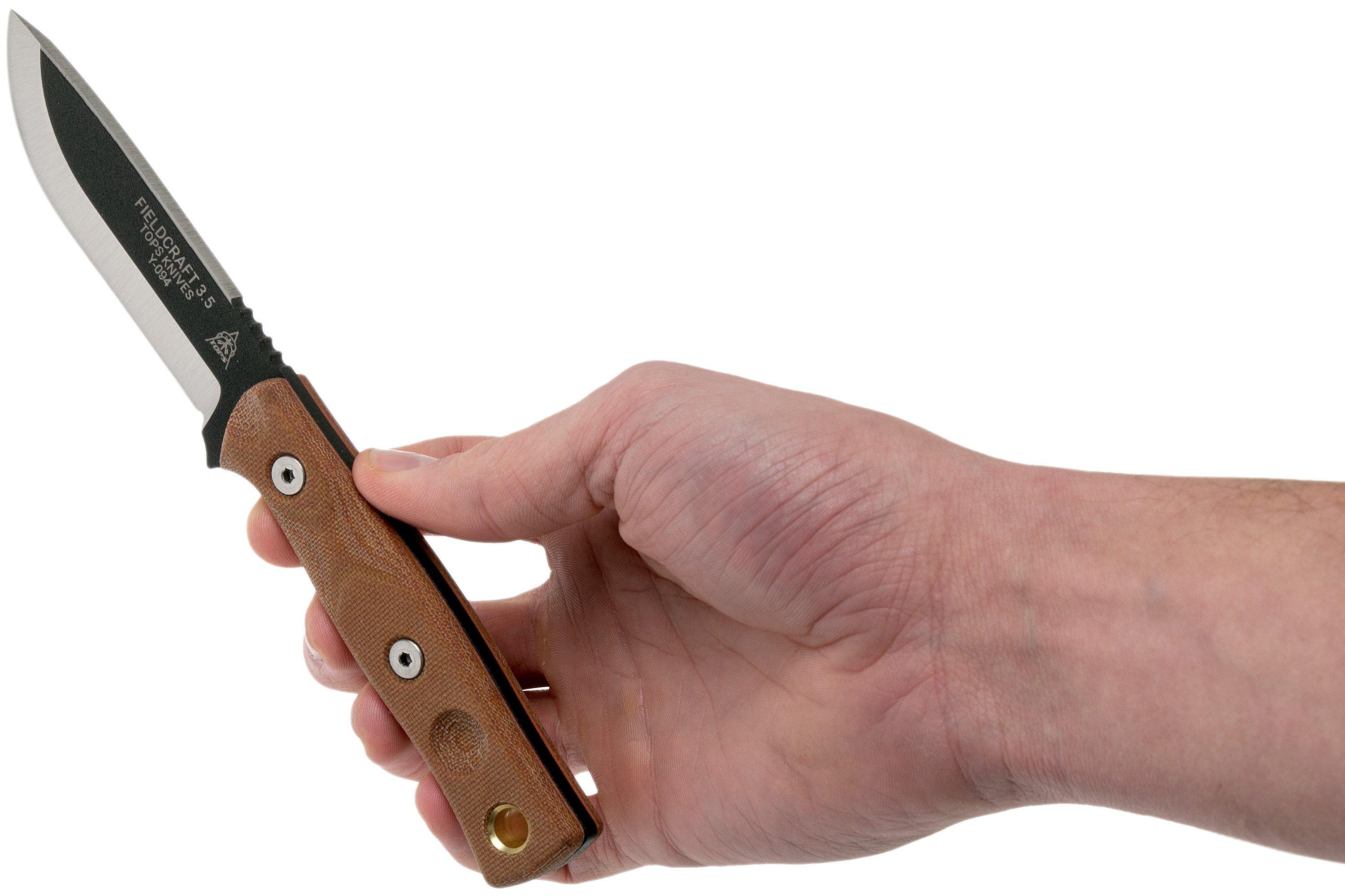 TOPS Fieldcraft 3.5 Mini BROS 90 Degree Spine, Firesteel, Brown Micarta ...