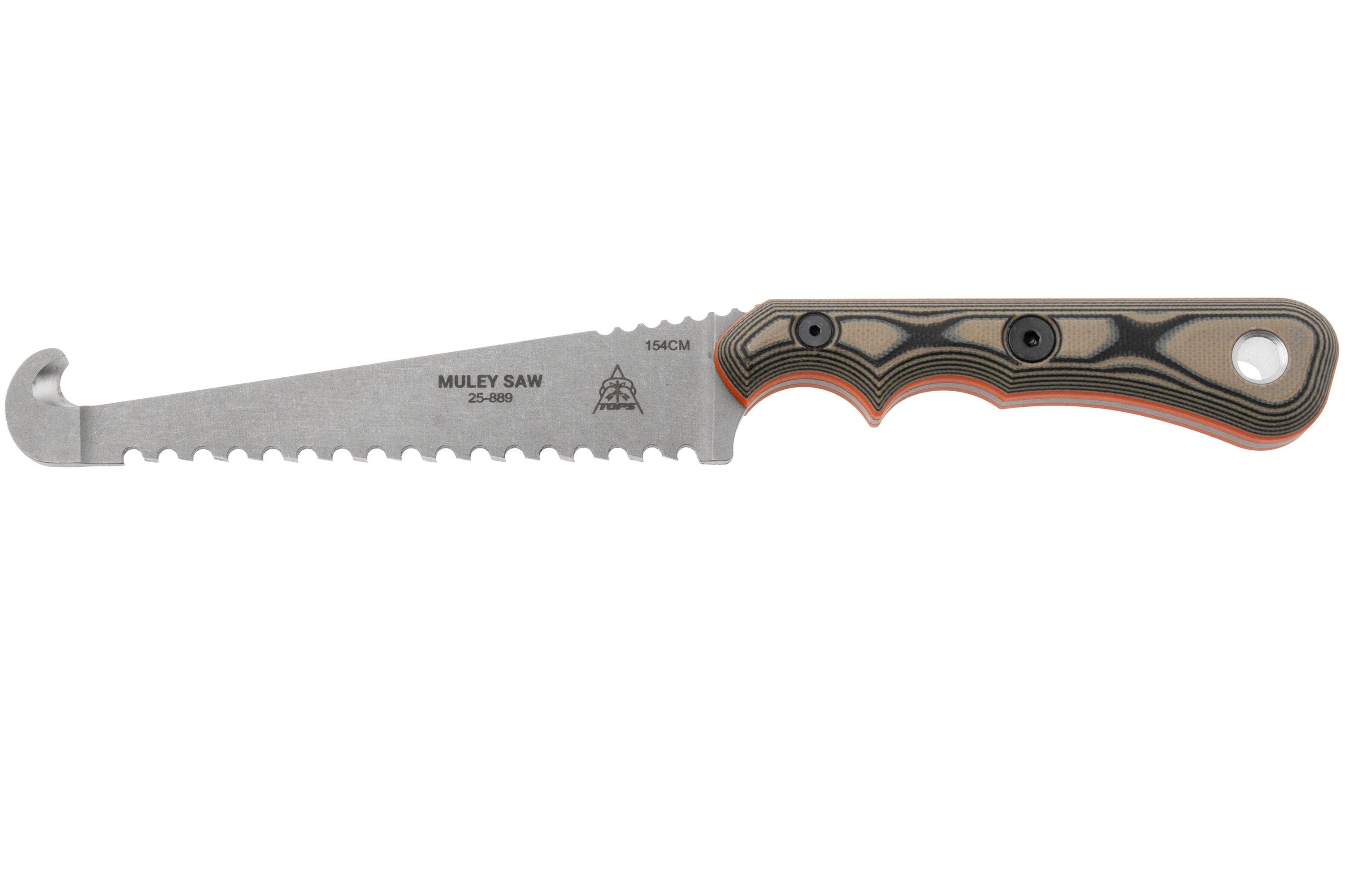 TOPS Knives Muley Saw MSAW-01, 154CM Tumble Finished, Tan Black G10 ...