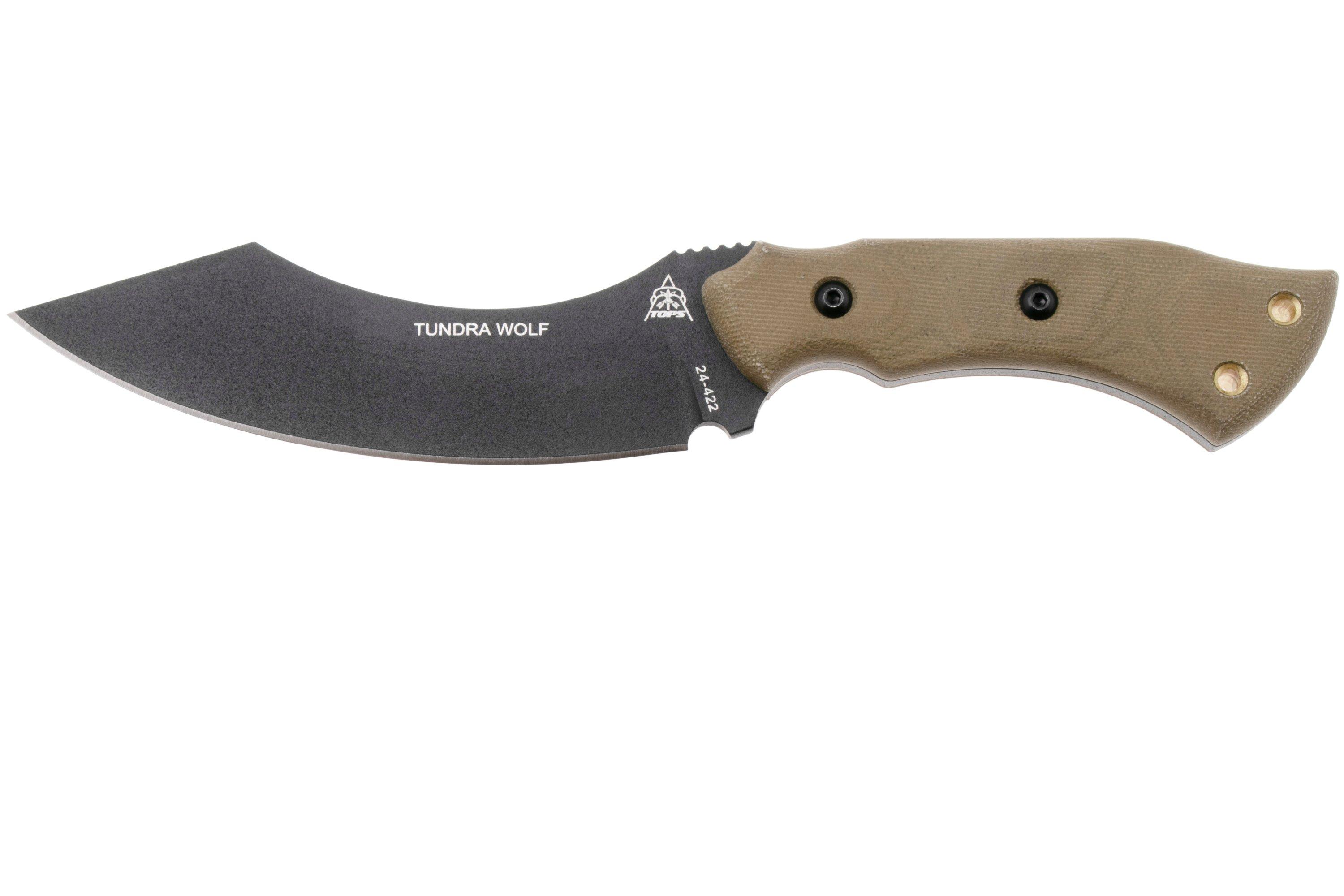 TOPS Knives Tundra Wolf TWLF-01 Black Traction 1095, Green Micarta ...