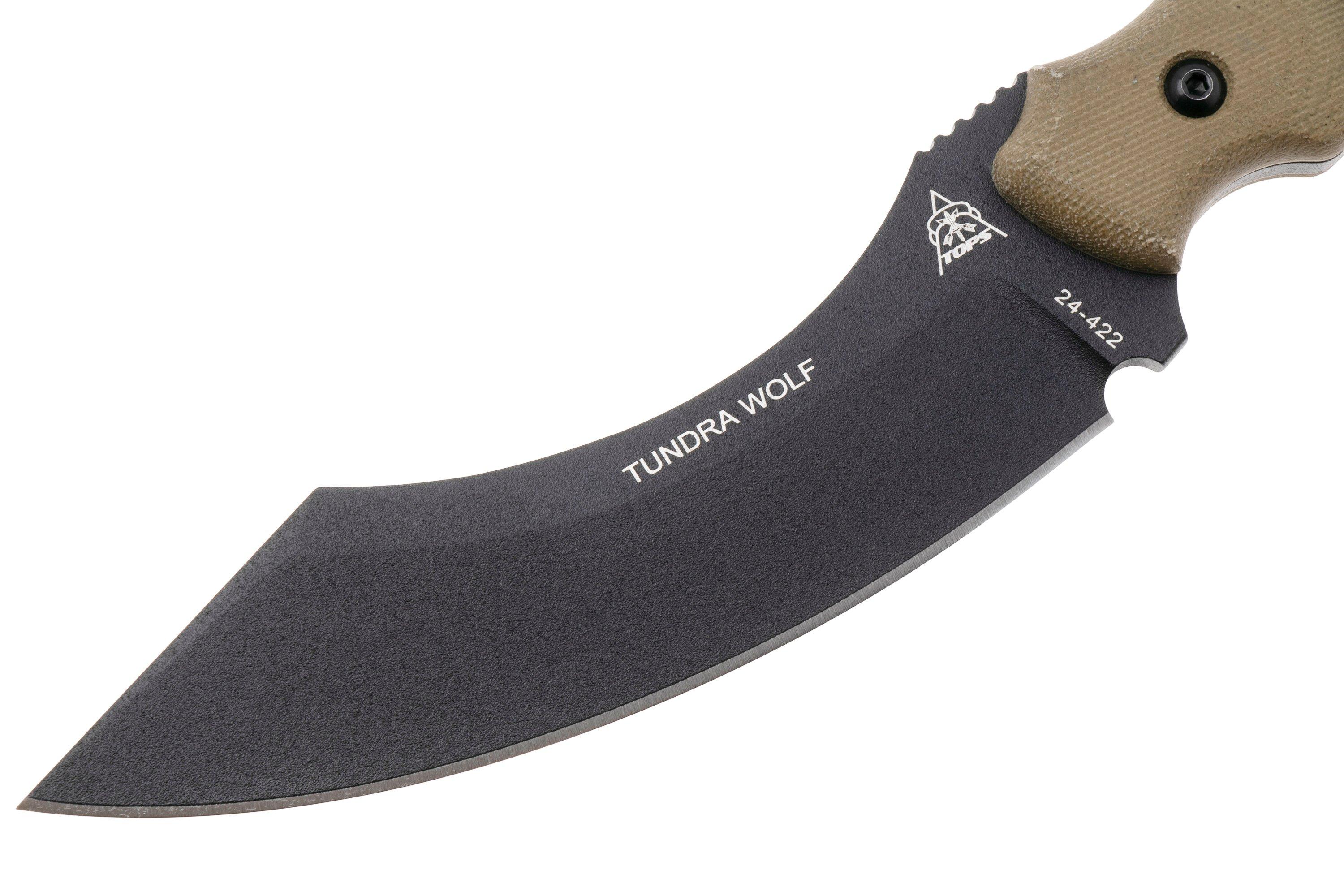 TOPS Knives Tundra Wolf TWLF-01 Black Traction 1095, Green Micarta ...