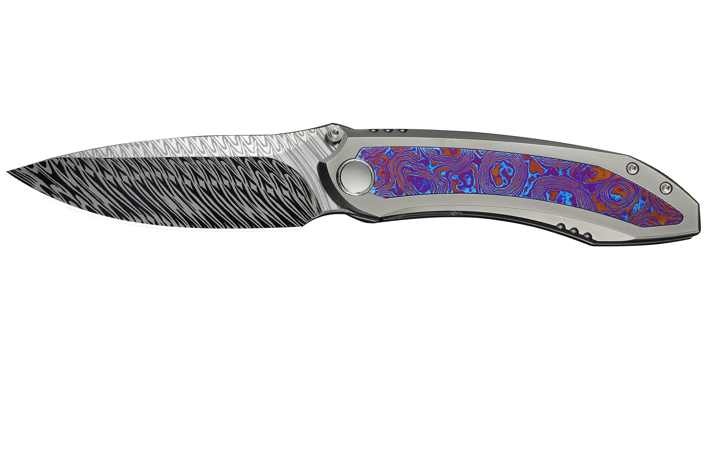 WE Knife Winsome WE23092-DS1 Fafnir Damasteel, Polished Bead Blasted Titanium Timascus Inlay ...