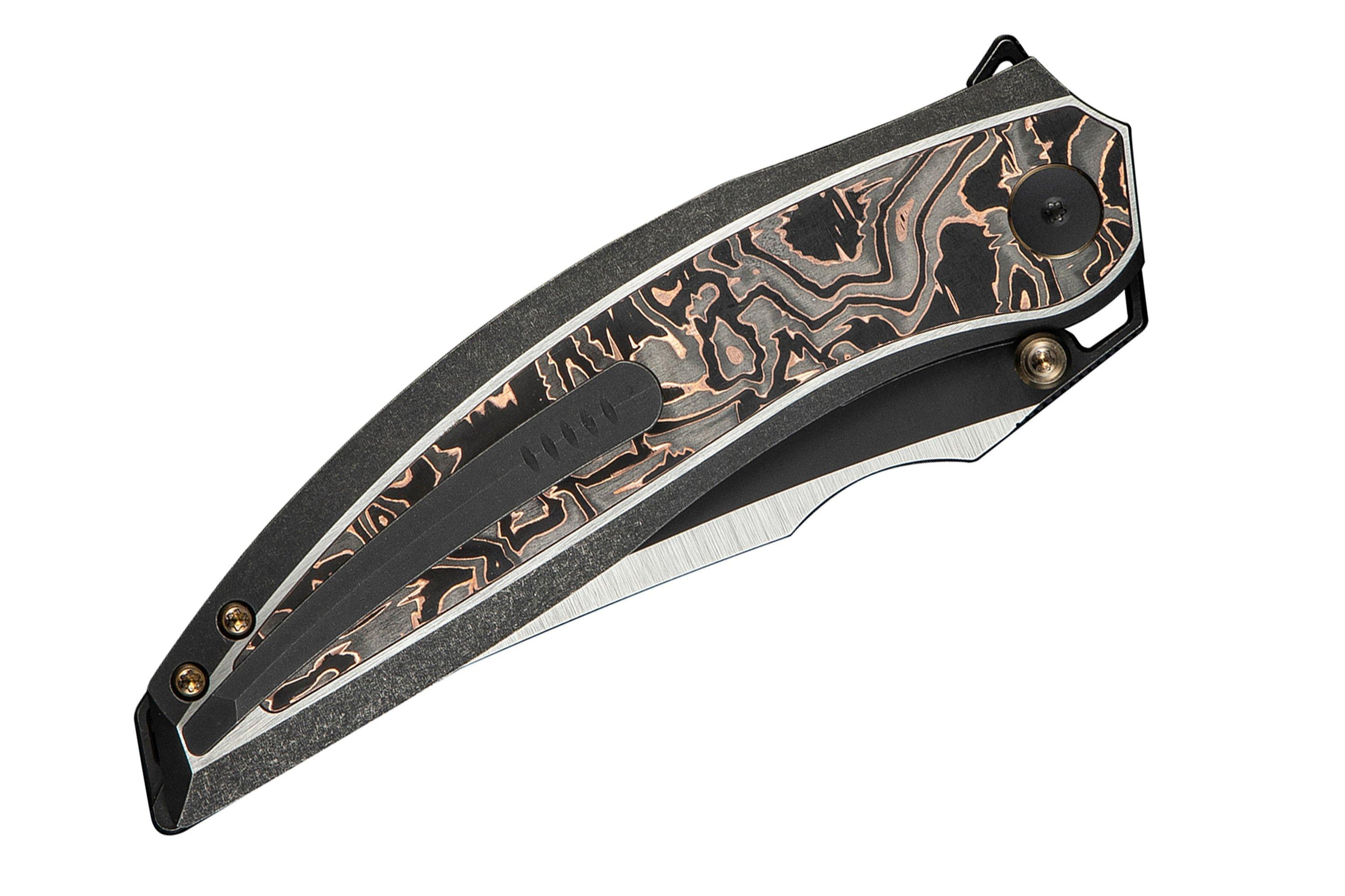WE Knife Quinseris WE23093-1 Satin, Black Titanium Copper Foil Carbon Inlay, couteau de poche ...