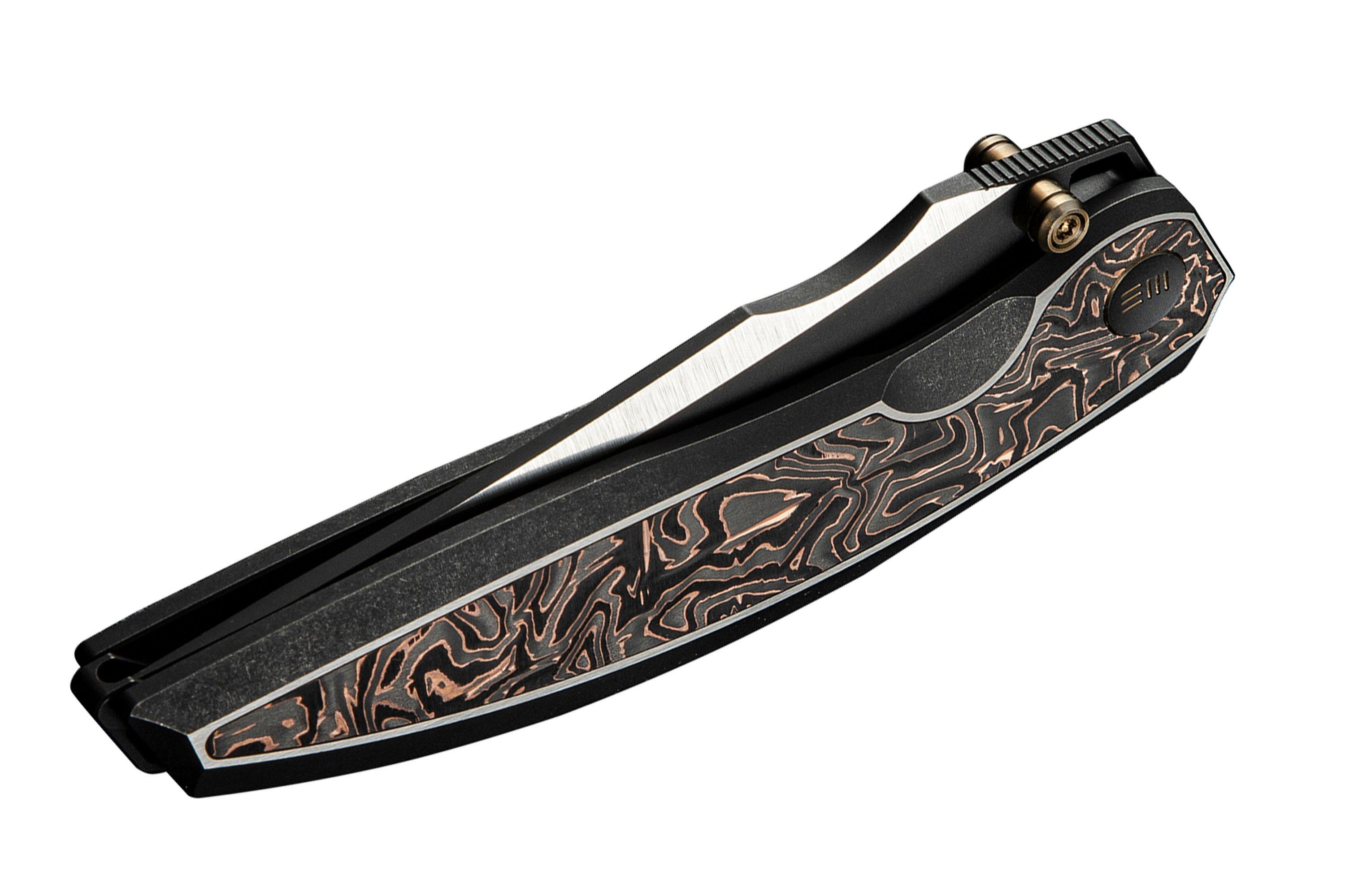 WE Knife Quinseris WE23093-1 Satin, Black Titanium Copper Foil Carbon Inlay, couteau de poche ...