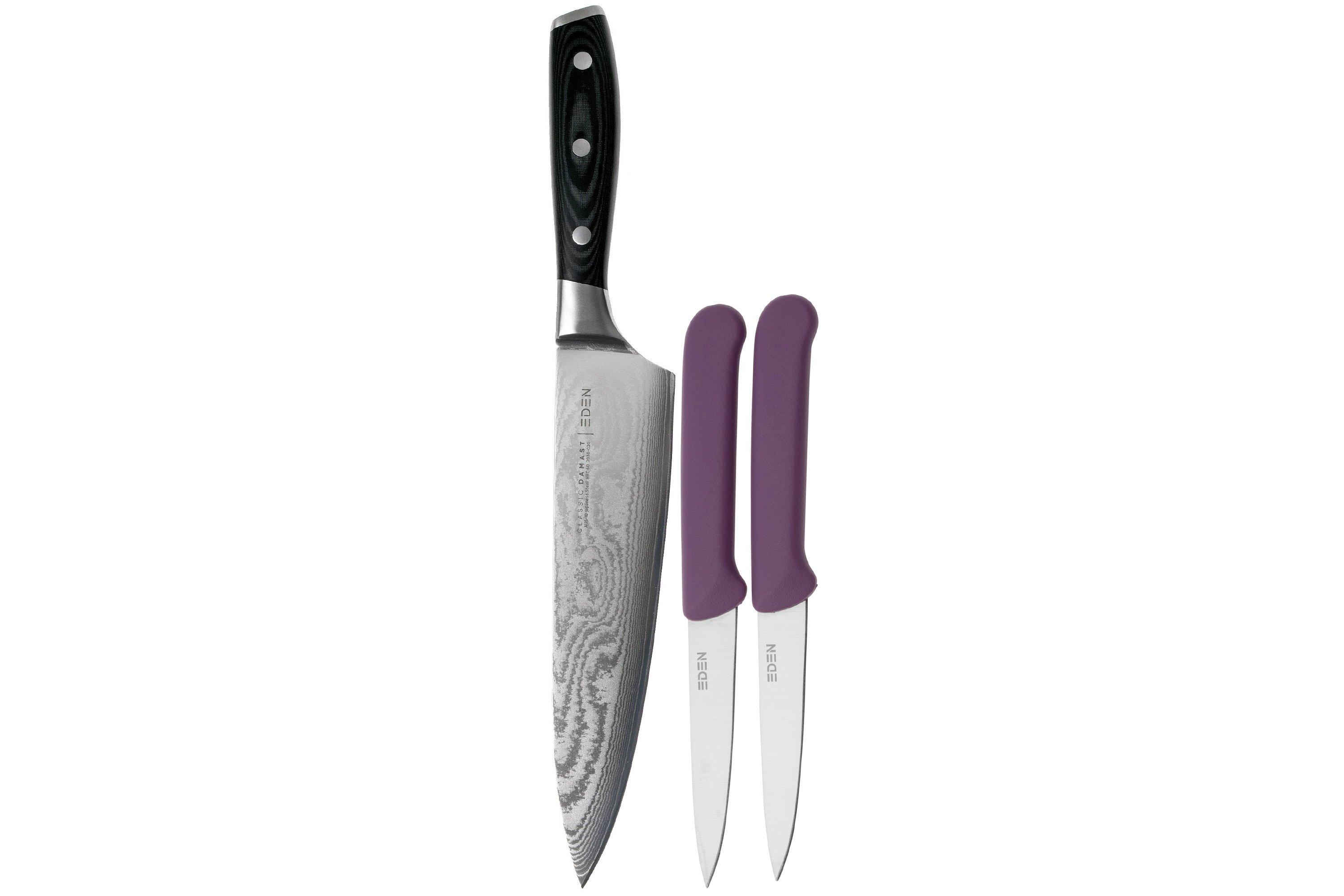Cuchillo de chef Eden Classic Damast y dos cuchillos de verduras, 9 cm ...