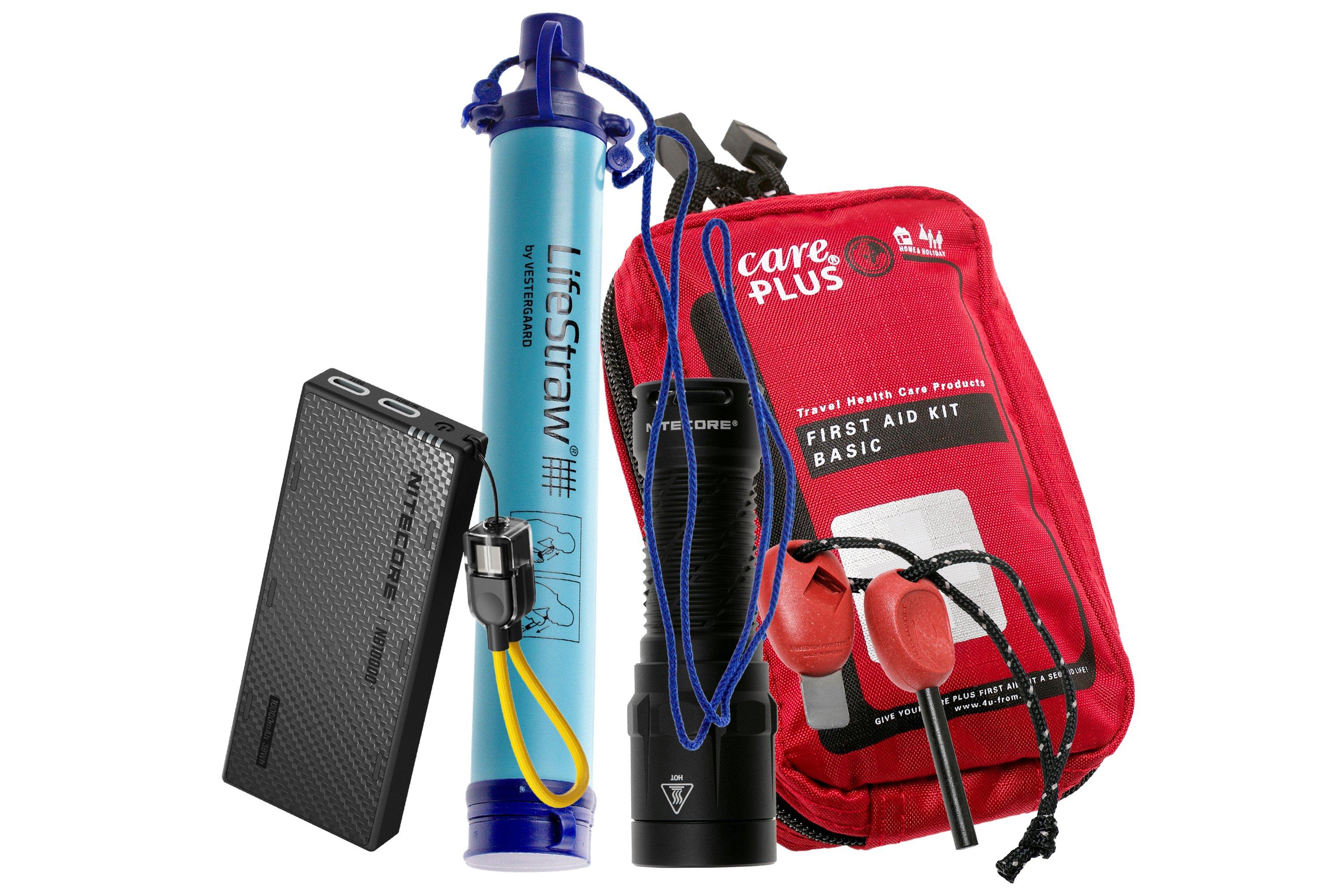 Notfallset mit Taschenlampe, Powerbank, Wasserfilter, Feuerstahl und ...
