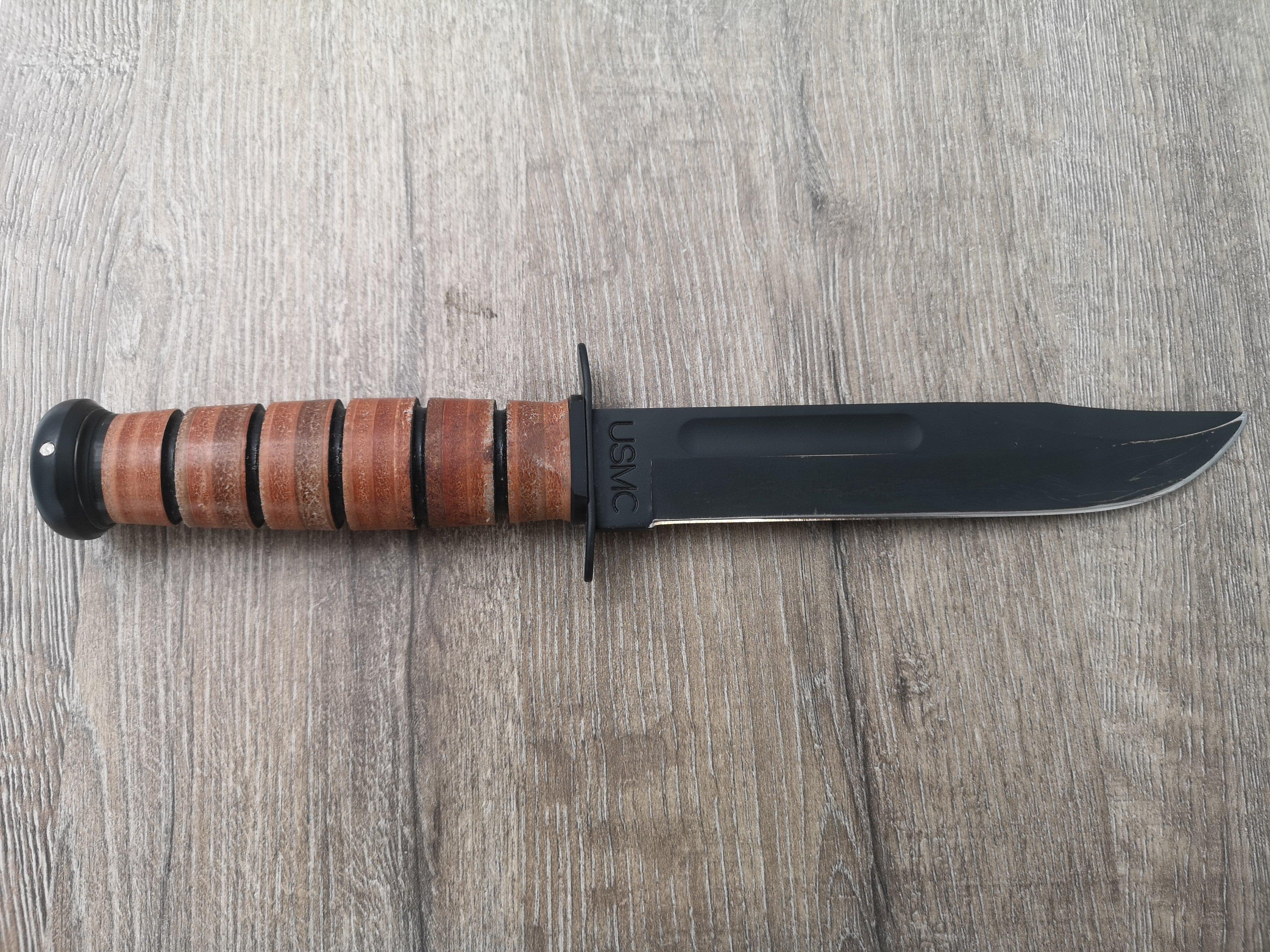 KA-BAR USMC 1217 plain edge, leather, Leather sheath | Advantageously ...
